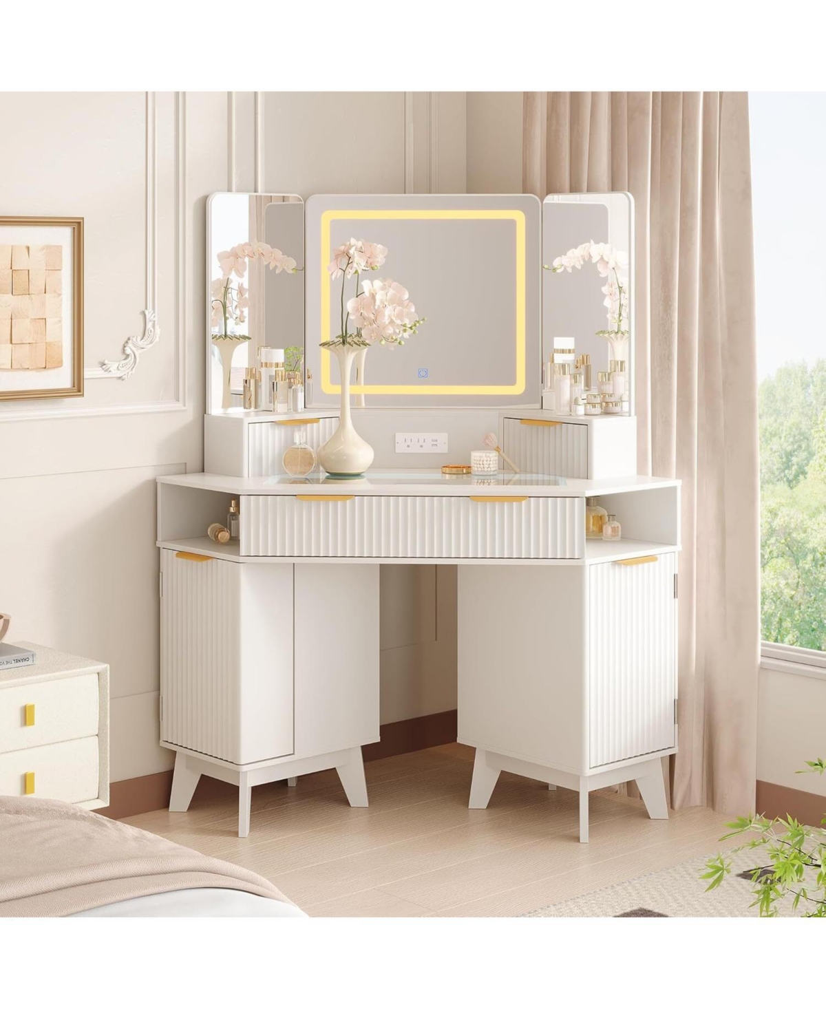 Click here for Gaomon 48" White Fluted Corner Vanity  Lighte... prices