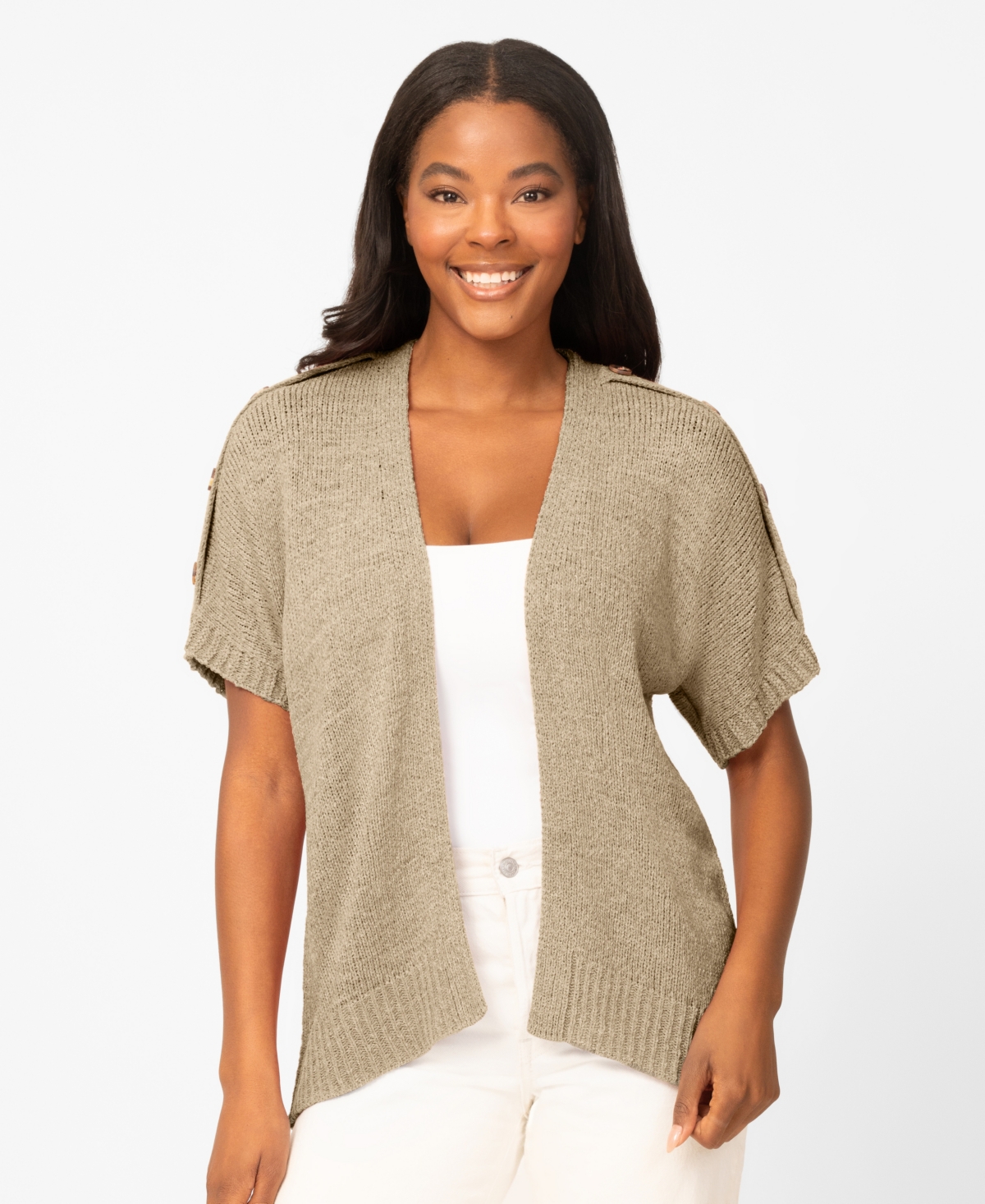 Click here for Melissa Paige Petite Button Shoulder Flyaway Cardi... prices
