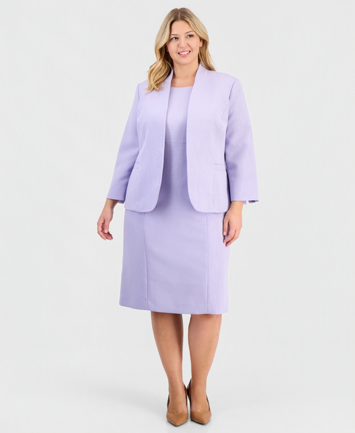 Click here for Le Suit Plus Size Jacquard Open-Front Jacket Dress... prices