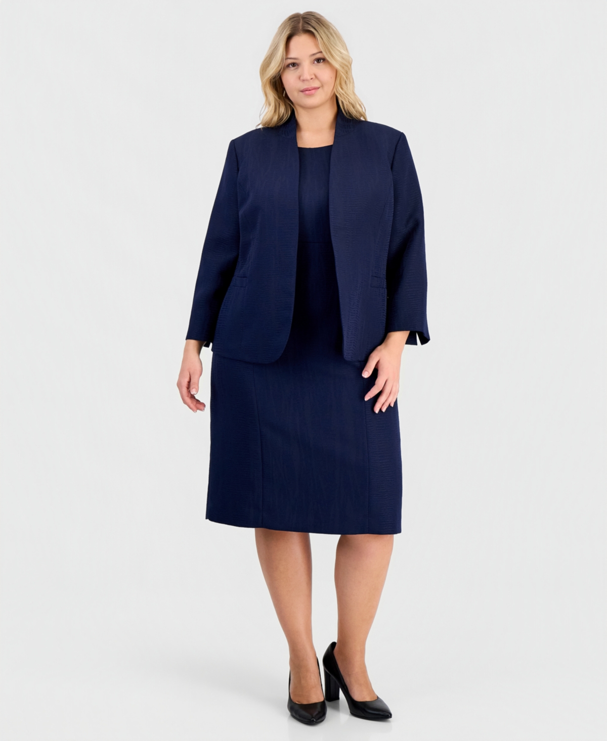 Click here for Le Suit Plus Size Jacquard Open-Front Jacket Dress... prices