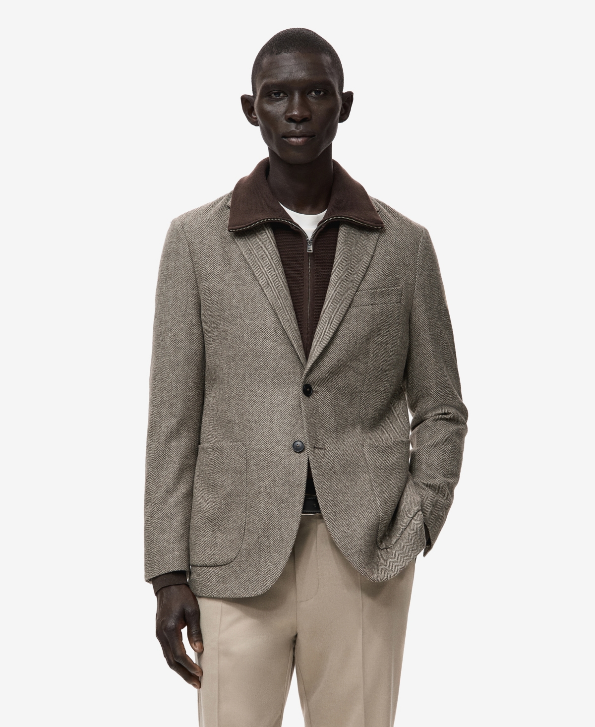 Click here for Mango Mens Slim Fit Wool Blend Blazer - Brown prices