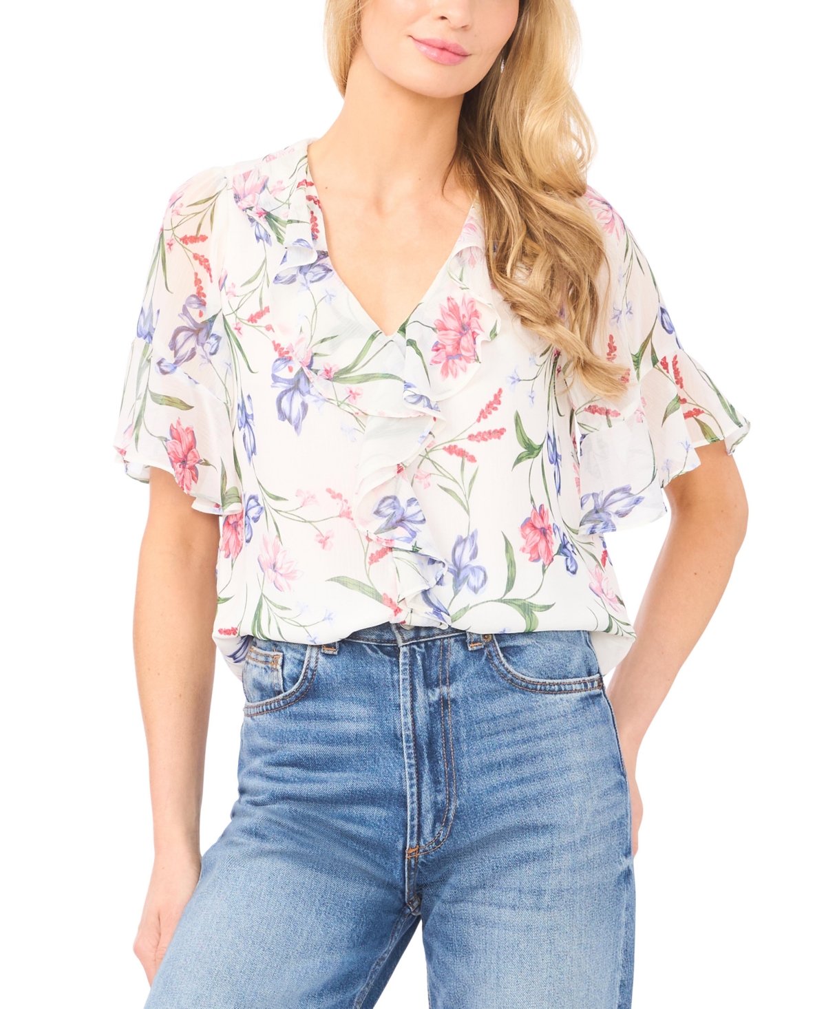 Click here for CeCe Womens Flutter Sleeve Ruffle Detail V-Neck To... prices