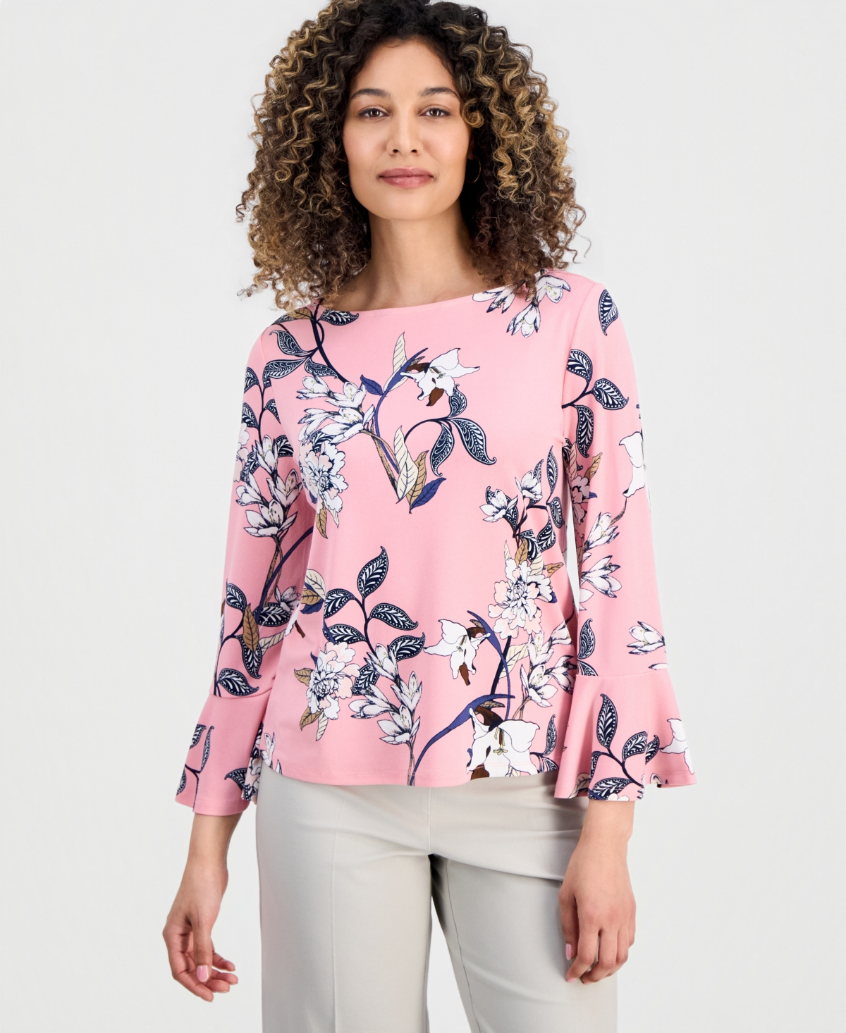 Click here for Jm Collection Petite Floral Flare-Sleeve Boat-Neck... prices