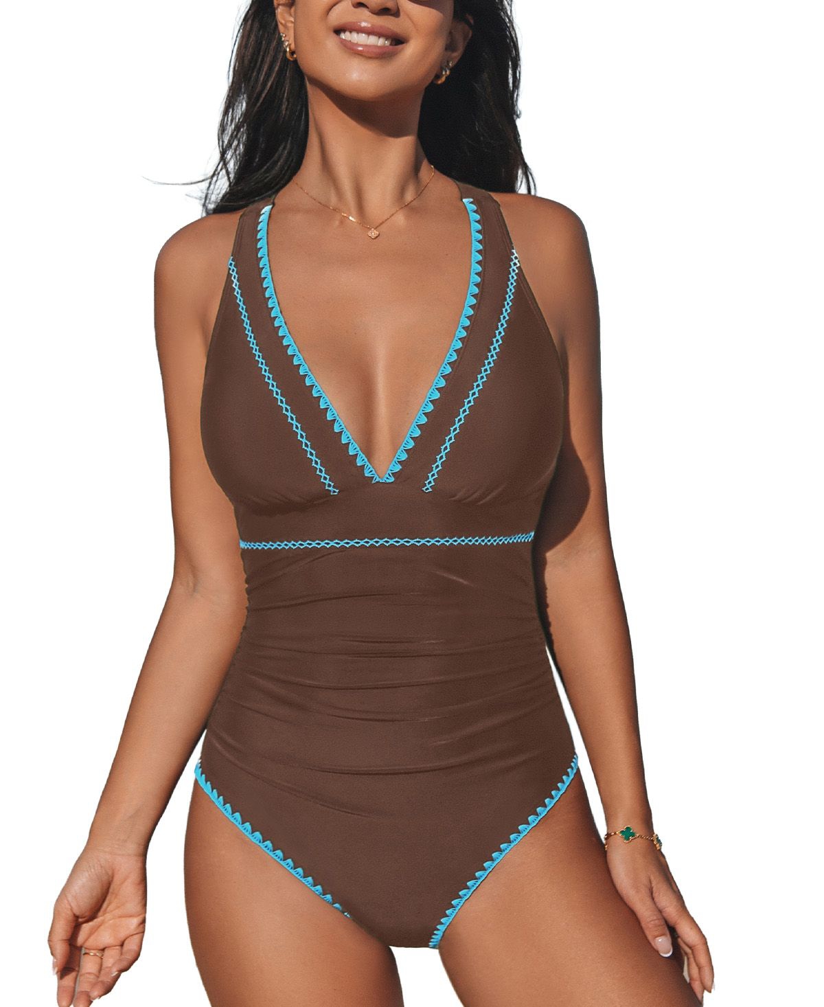 Click here for Cupshe Womens V-Neck Ruched Crisscross Back One-Pi... prices