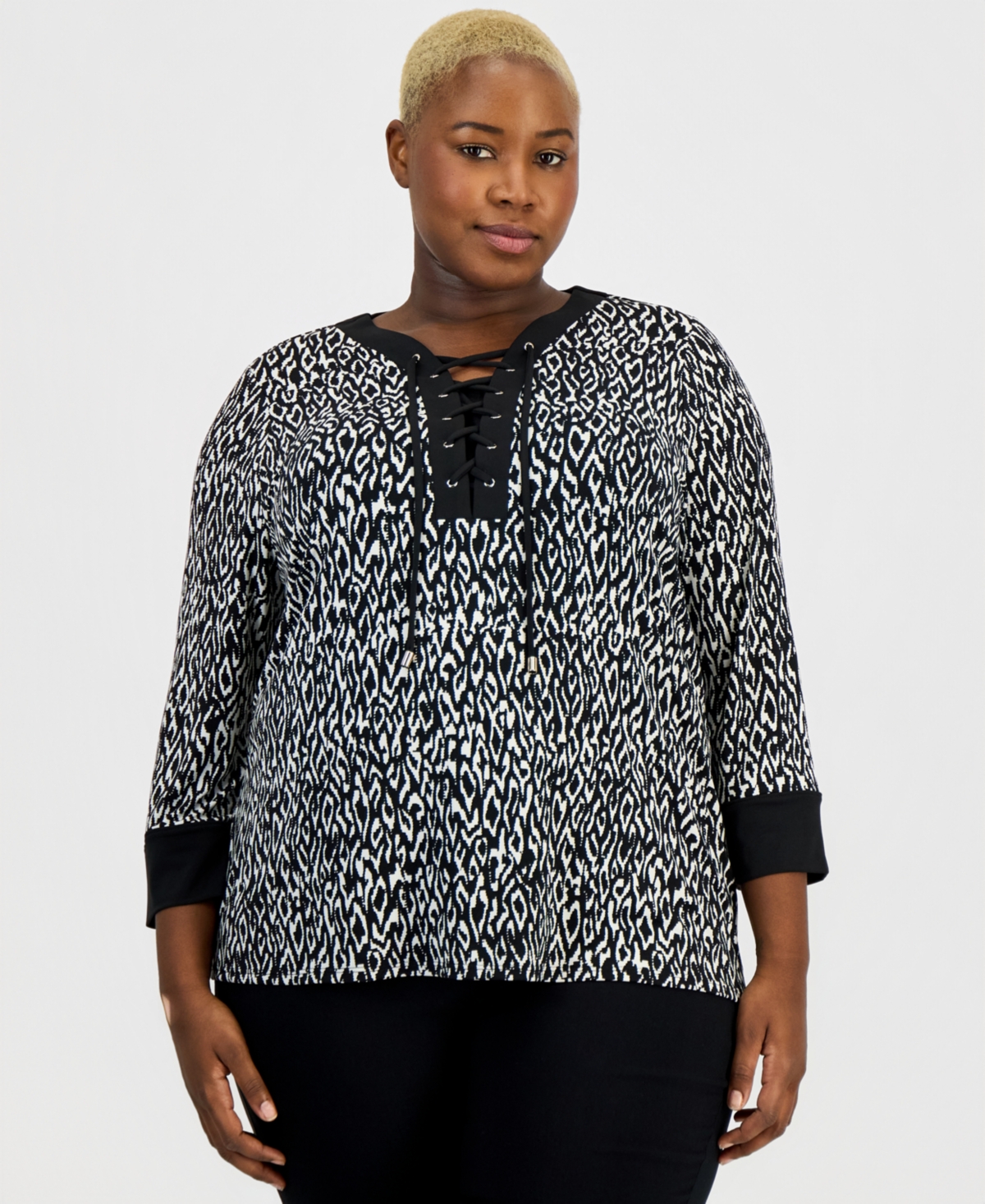 Click here for Jm Collection Plus Size Lace-Up 3/4-Sleeve Knit To... prices
