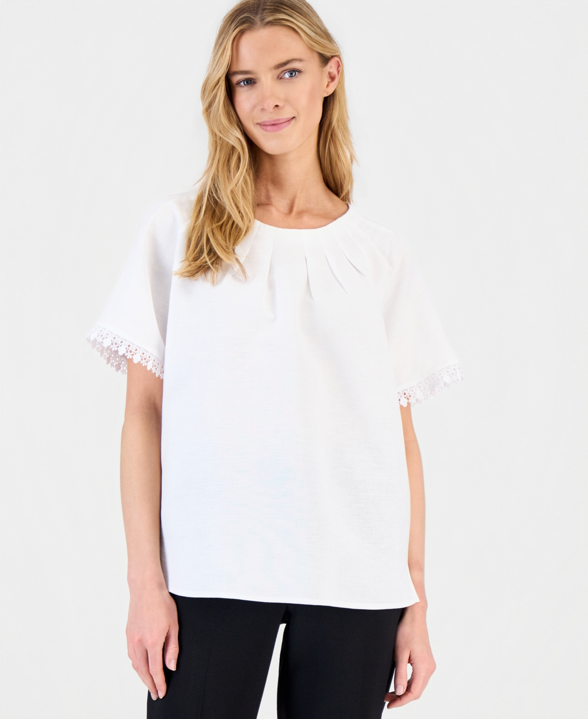 Click here for Anne Klein Petite Pleated Neck Top - Crisp White prices