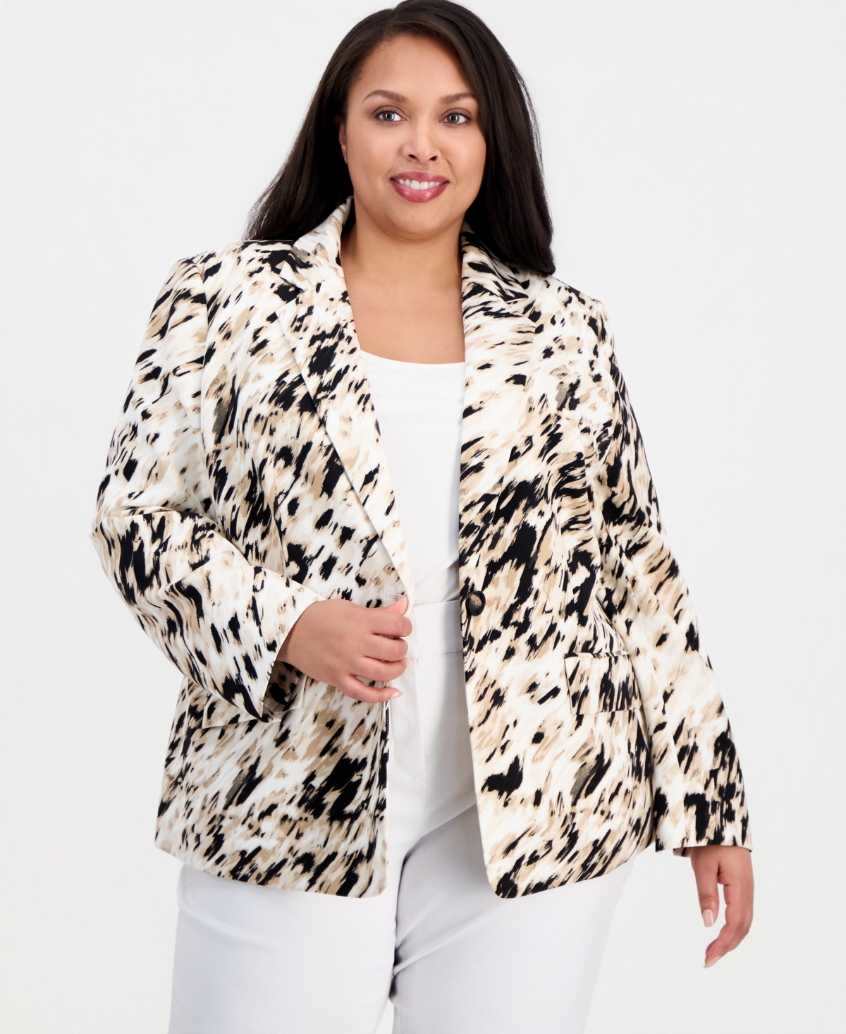 Click here for Kasper Plus Size Printed One-Button Long-Sleeve Ja... prices