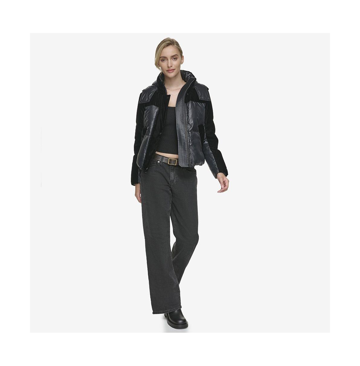 Click here for Womens Vega Mixed Media Short Down Coat - Black prices