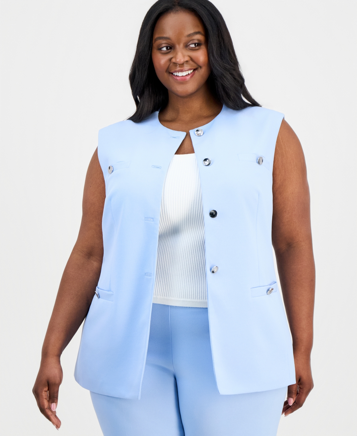Click here for Anne Klein Plus Size Round-Neck Button-Front Vest... prices