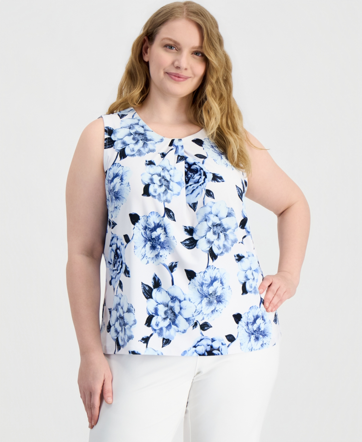 Click here for Anne Klein Plus Size Printed Pleat-Neck Sleeveless... prices
