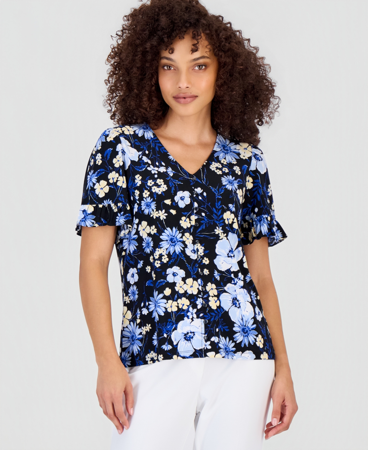 Click here for Anne Klein Essentials Petite Printed Ruffle-Sleeve... prices