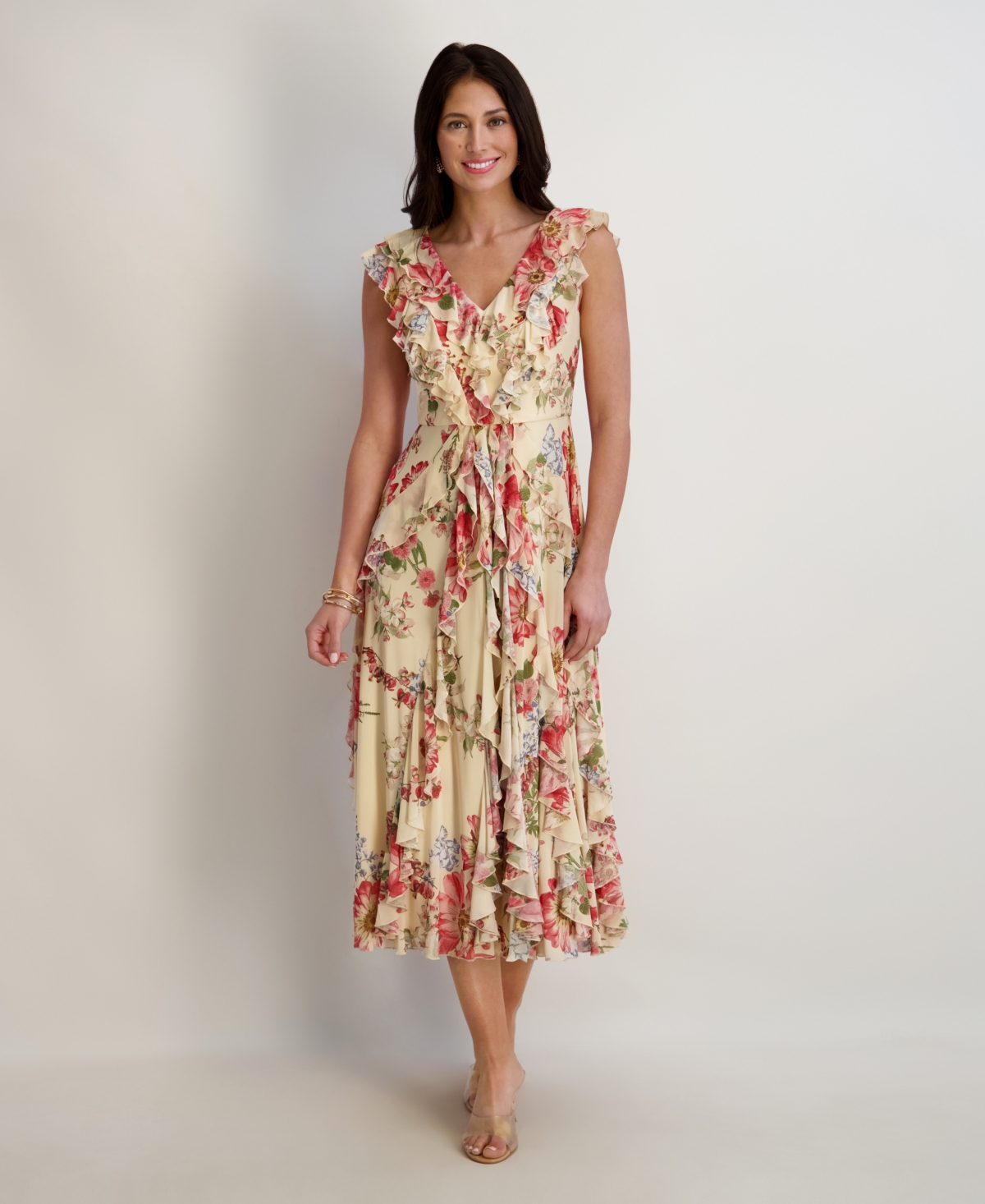 Click here for kensie Womens V-Neck Midi Dress - Nude Multi prices