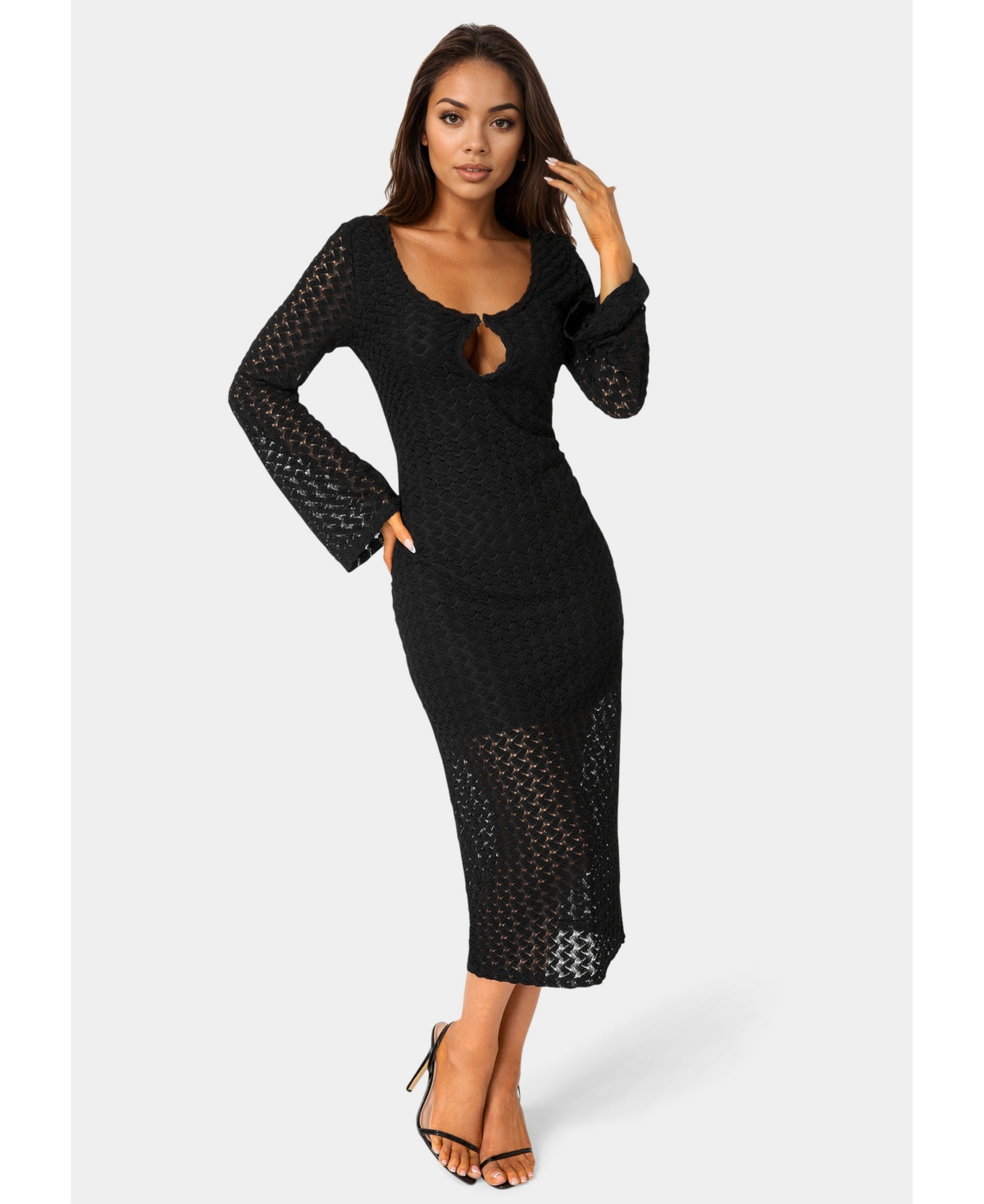 Click here for Bebe Womens Long Sleeve Cut Out Crochet Maxi Dress... prices