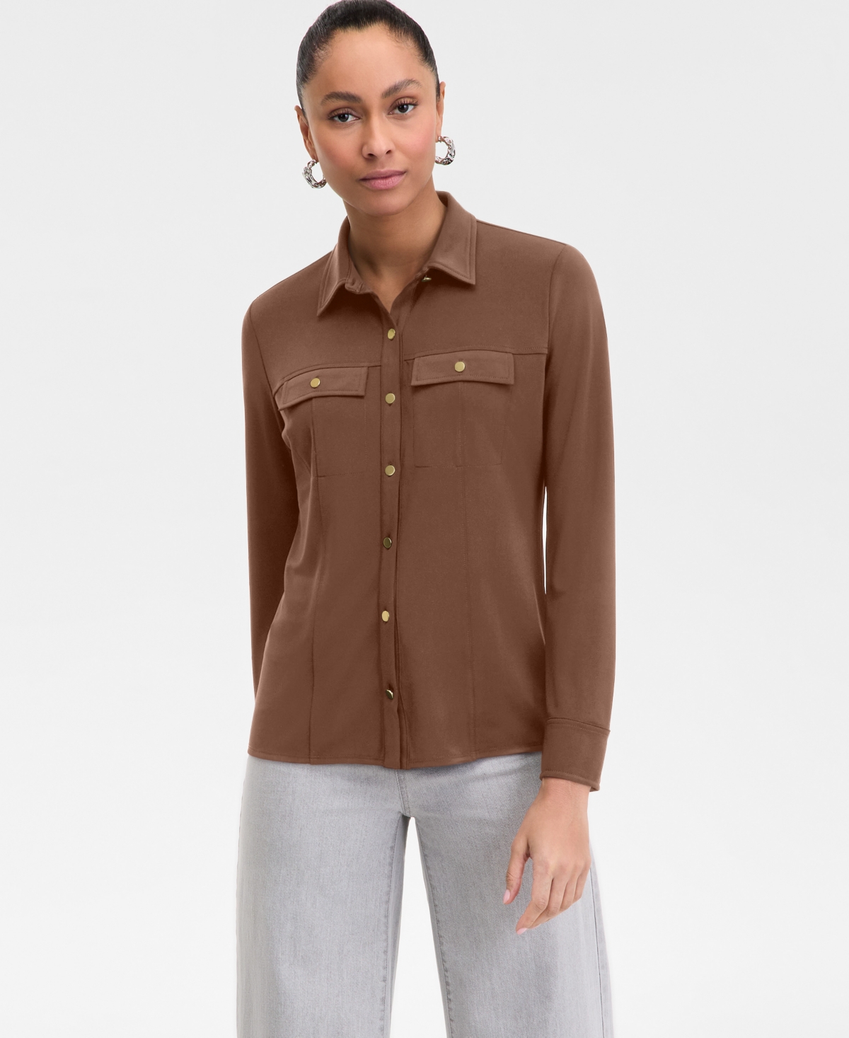 I.n.c. International Concepts Womens Knit Utility Shirt  Exclusively at Macys - Copper Moon