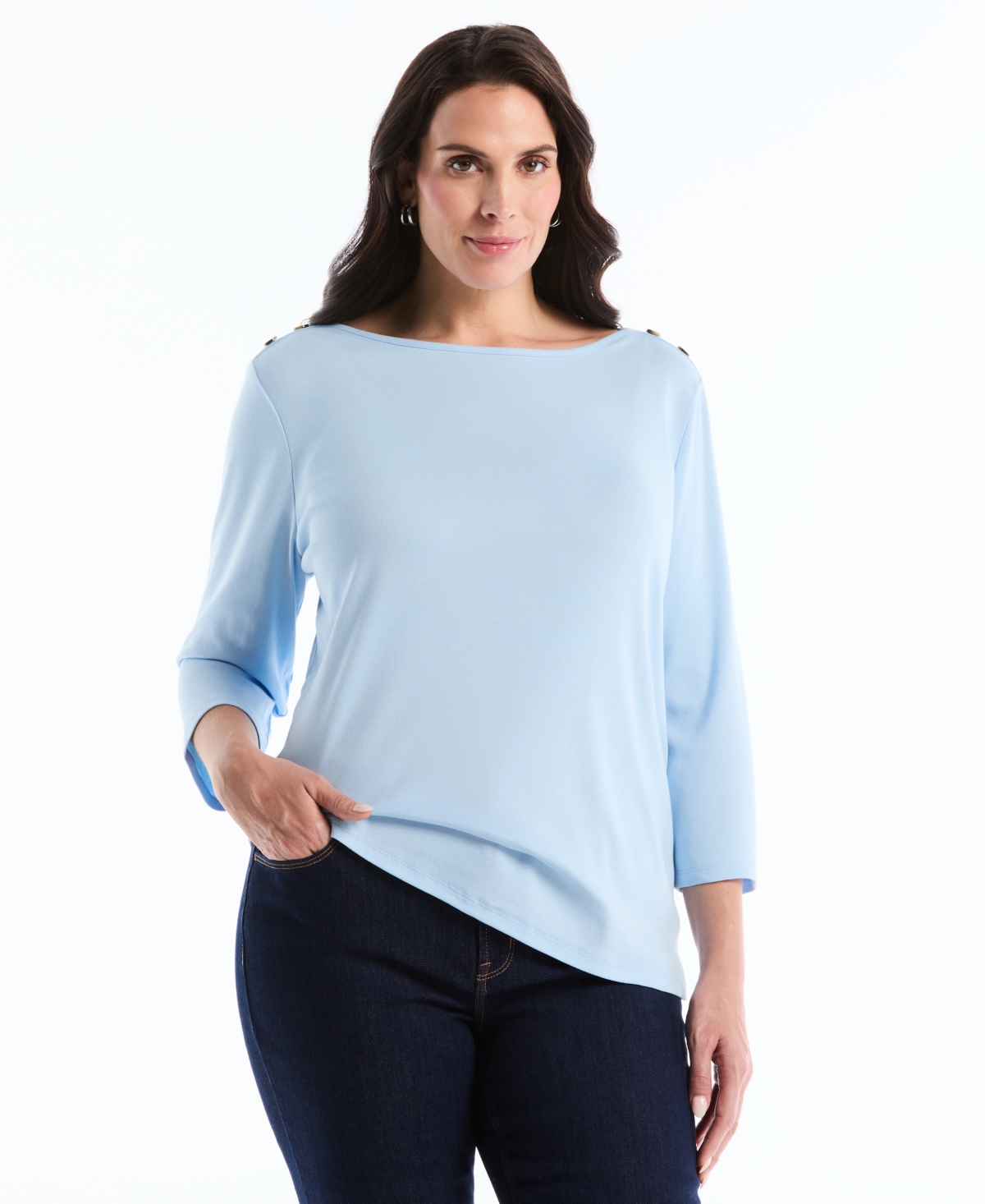 Click here for Rafaella Plus Size Boat Neck Pull-On Top - Cerulea... prices