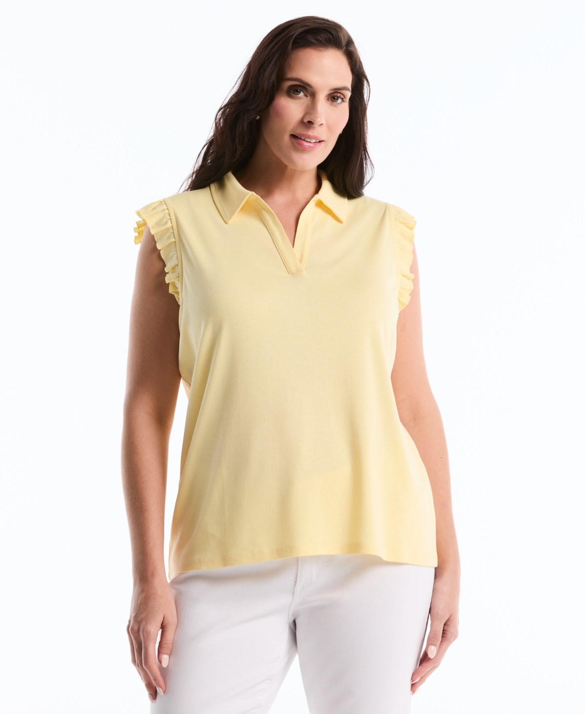 Click here for Rafaella Plus Size Ruffle Sleeveless Collared Polo... prices
