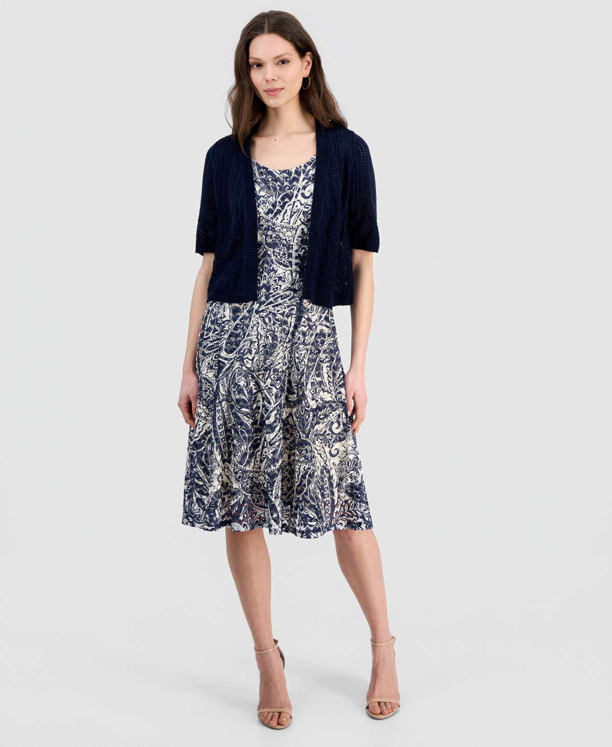 Click here for Robbie Bee Womens Printed Dress & Pointelle Shrug... prices