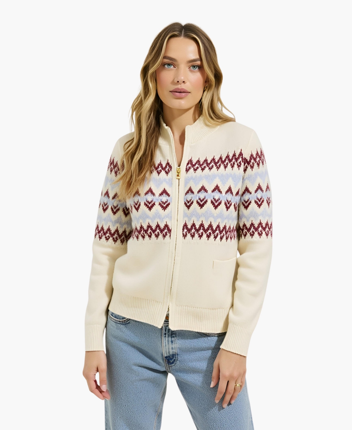 Click here for Modenaire Womens Fair Isle Zip-Front Cardigan - Cr... prices