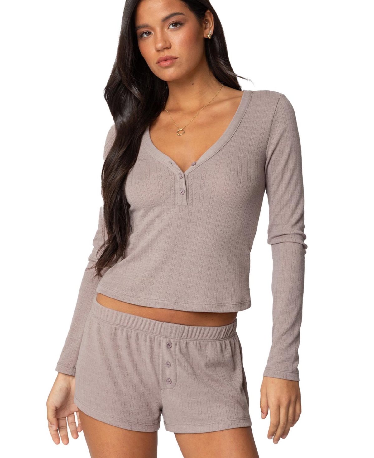 Click here for Edikted Womens Keely Pointelle Henley Top - Brown prices