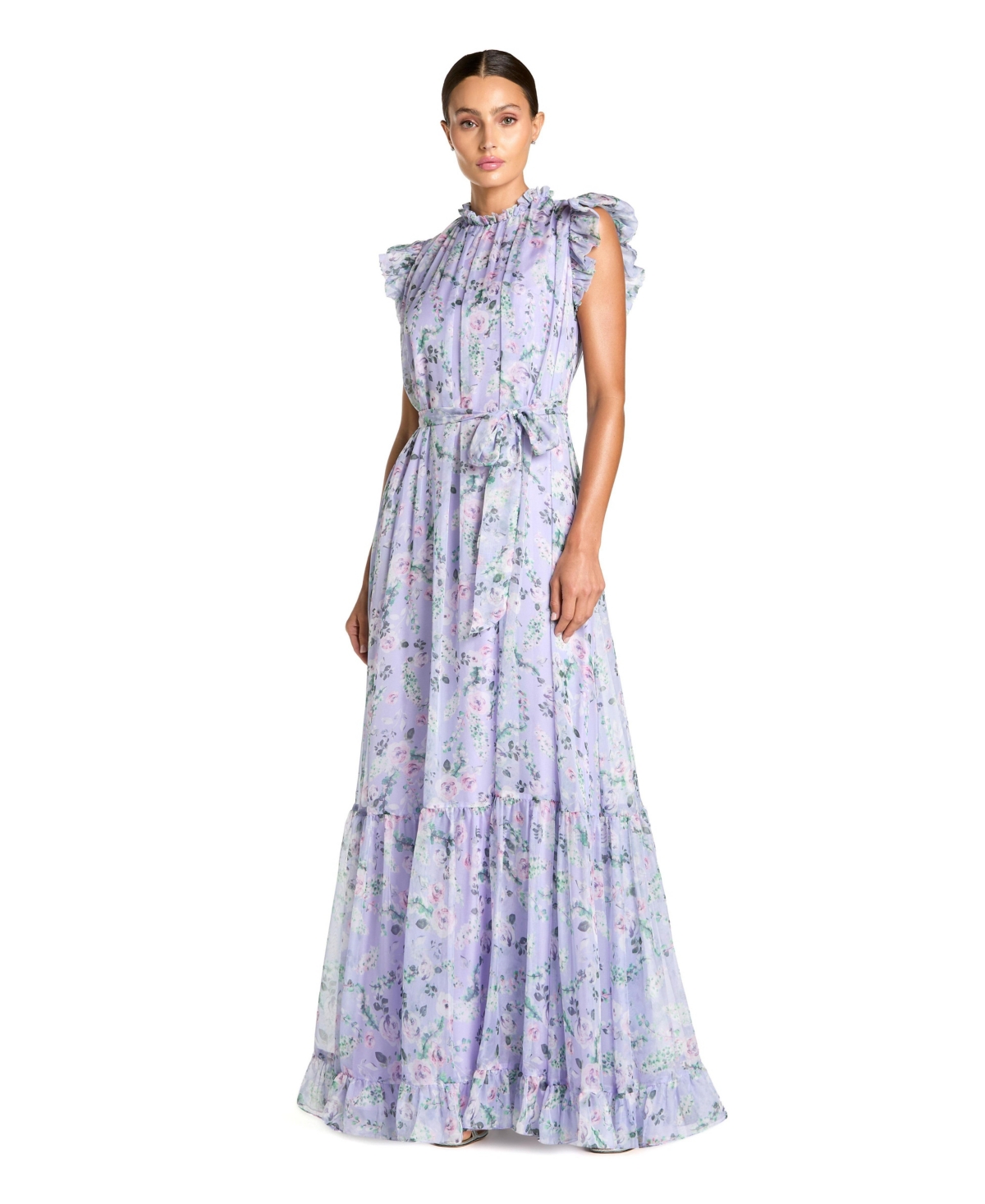 Click here for Mac Duggal Womens Printed Chiffon Ruffle Sleeve Go... prices