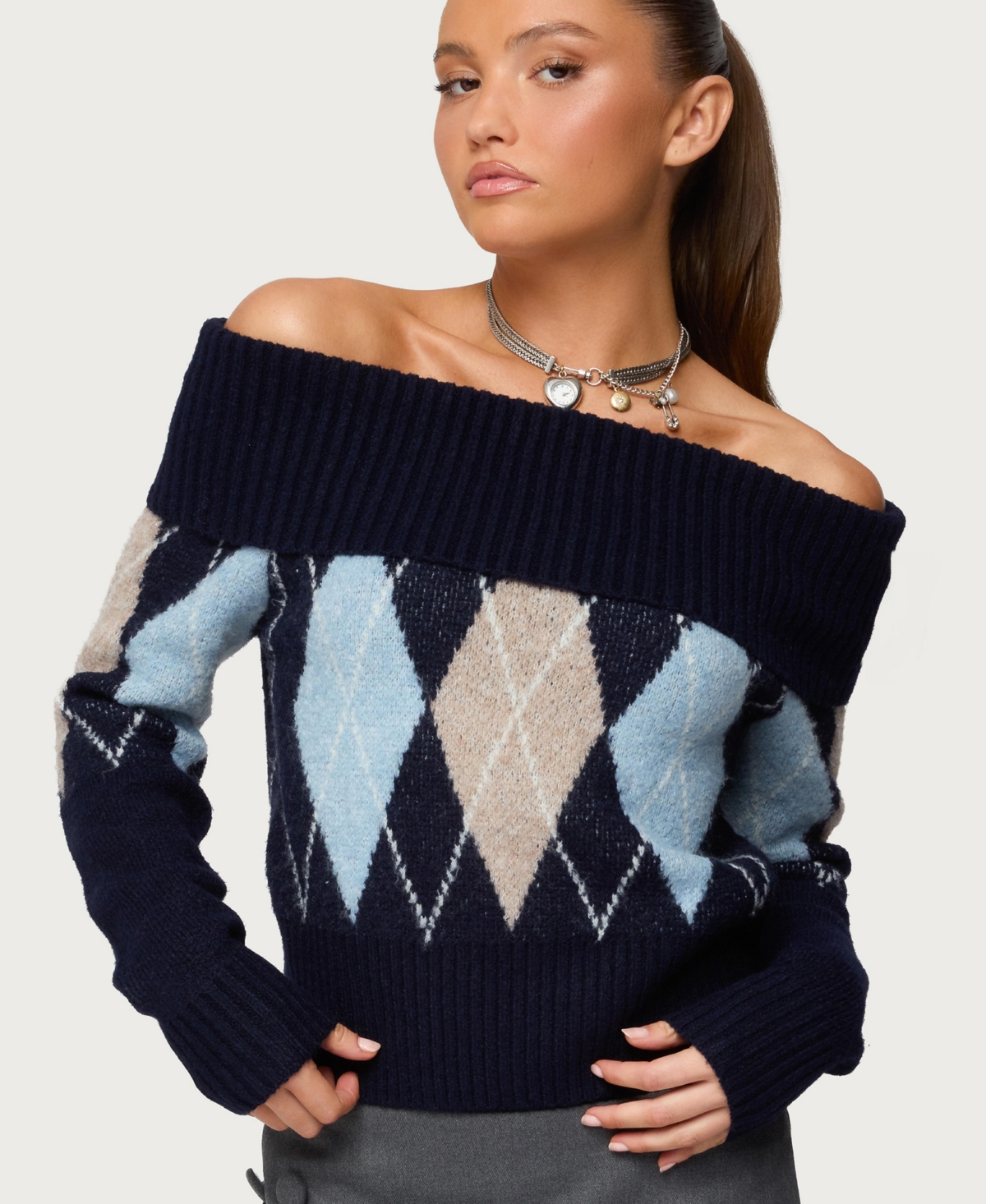 Click here for Edikted Womens Jakarie Argyle Foldover Sweater - N... prices
