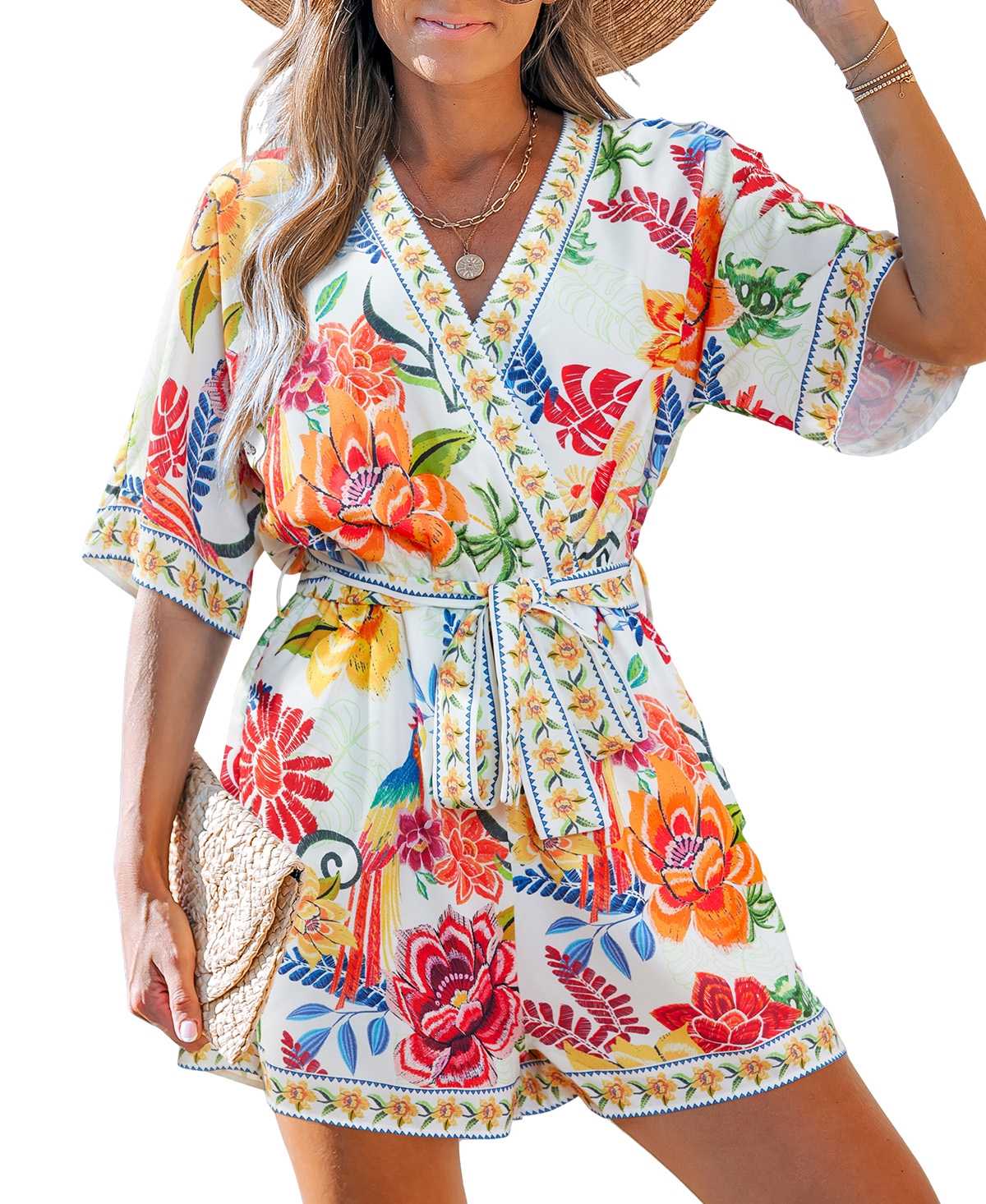Click here for Cupshe Womens Jet Lag Floral Romper - Orange prices