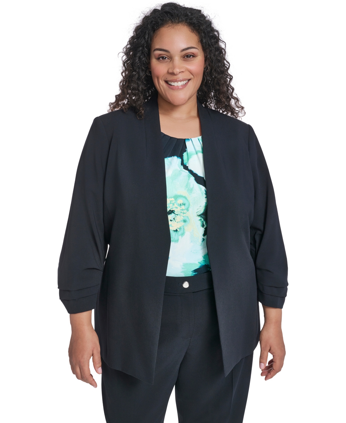 Click here for Calvin Klein Plus Size Collarless Open Front Jacke... prices