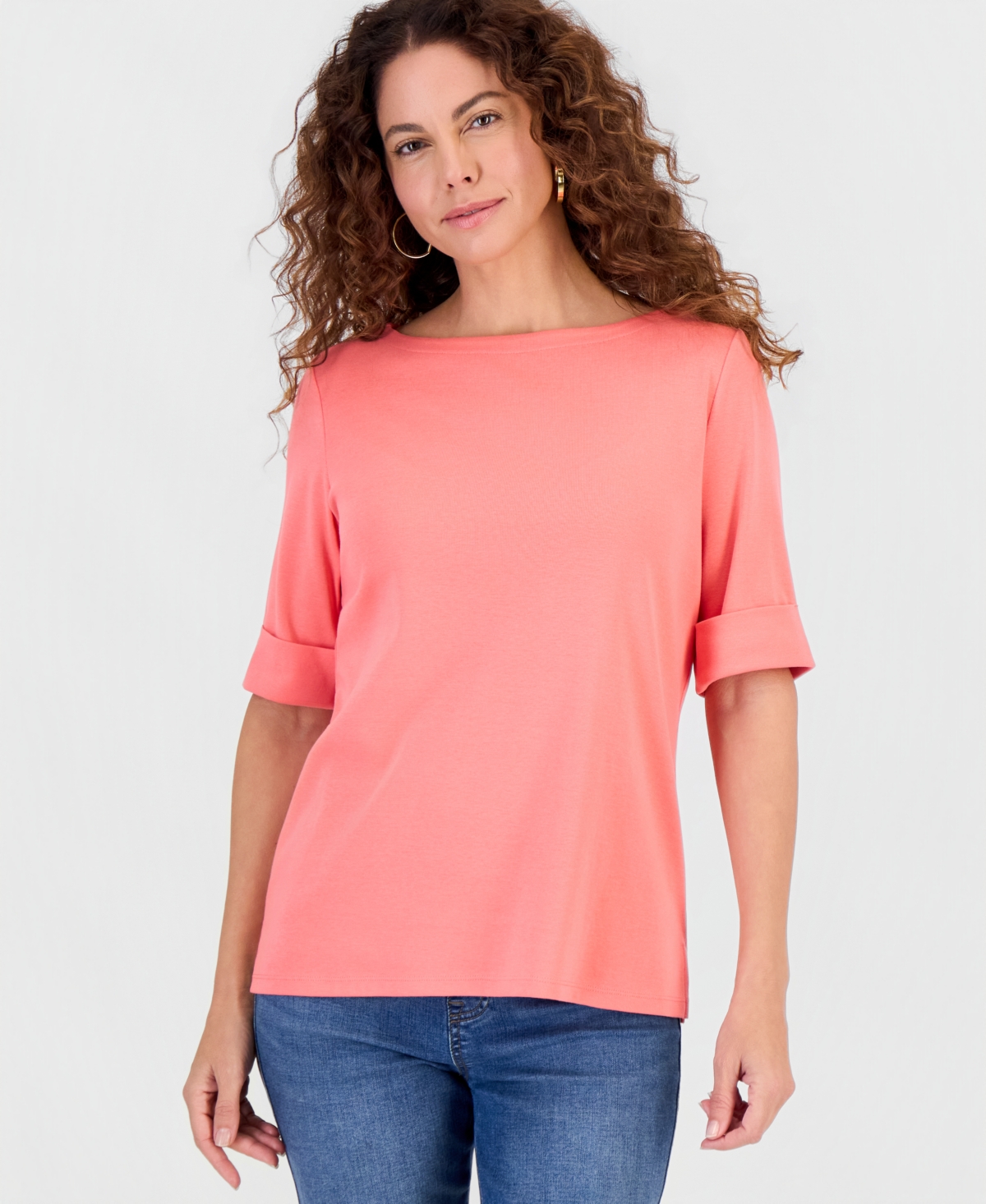 Click here for Style & Co Womens Boat-Neck Elbow Sleeve Cotton To... prices