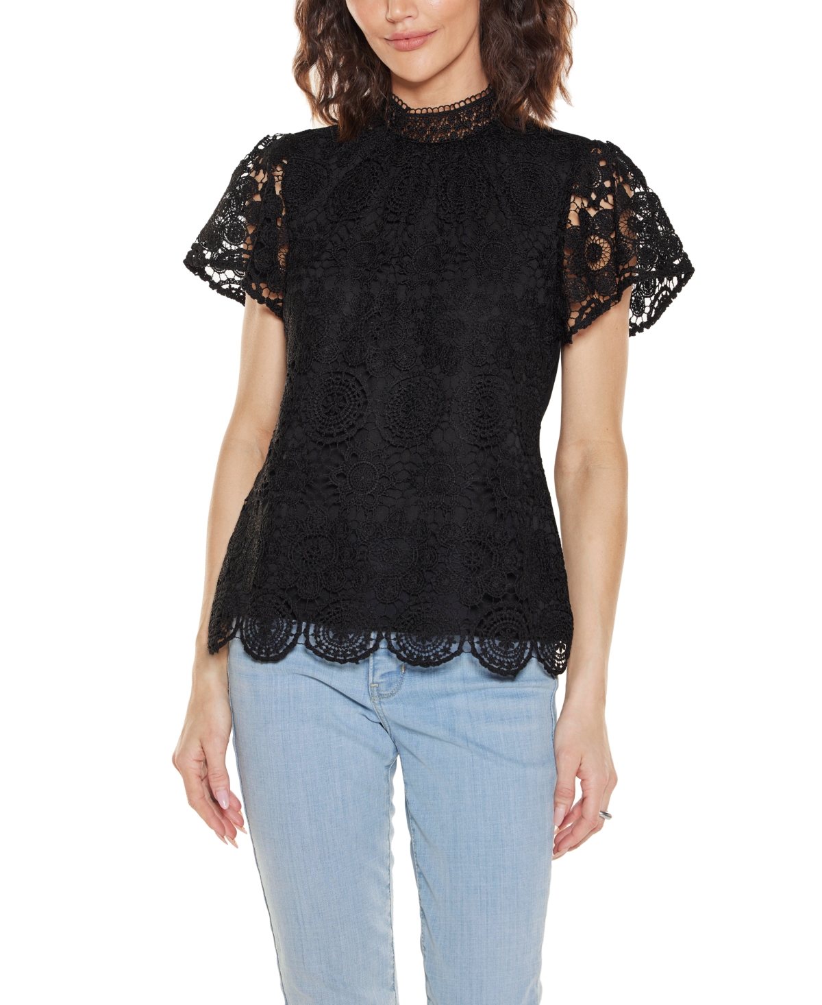 Click here for Belldini Womens Lace Front Mock Neck Top - Black prices
