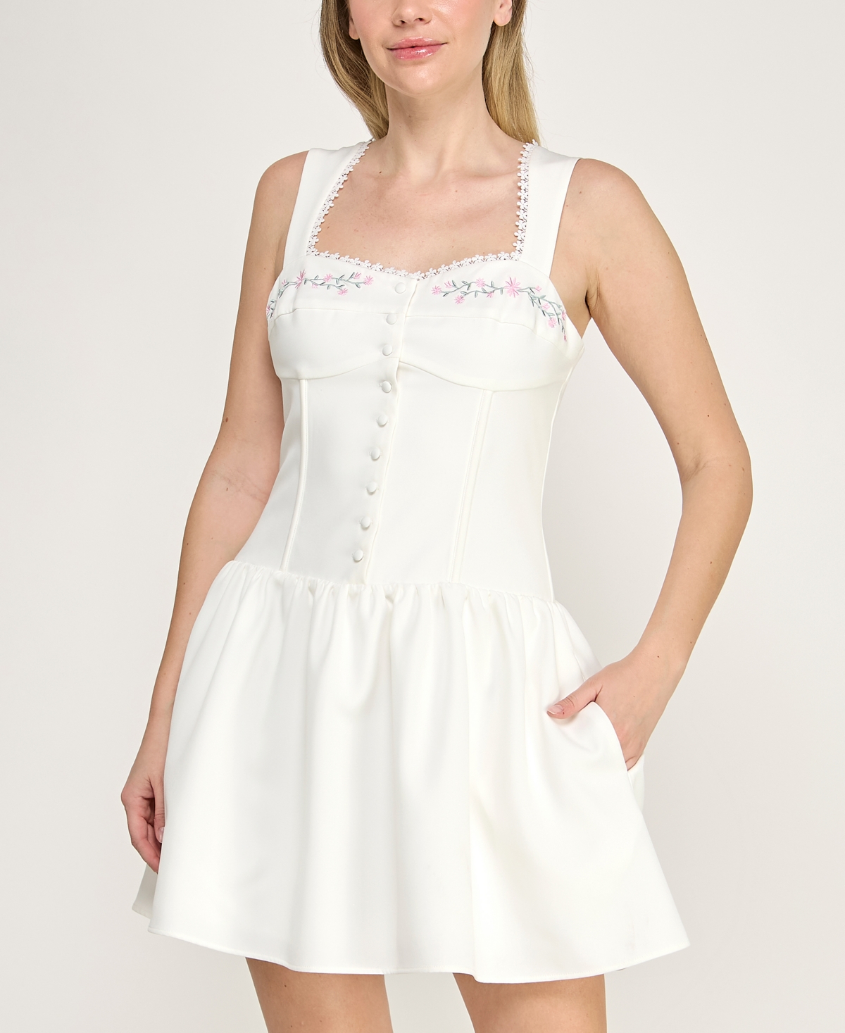 Click here for Rare Womens Square Neck Embroidered Mini Dress - W... prices