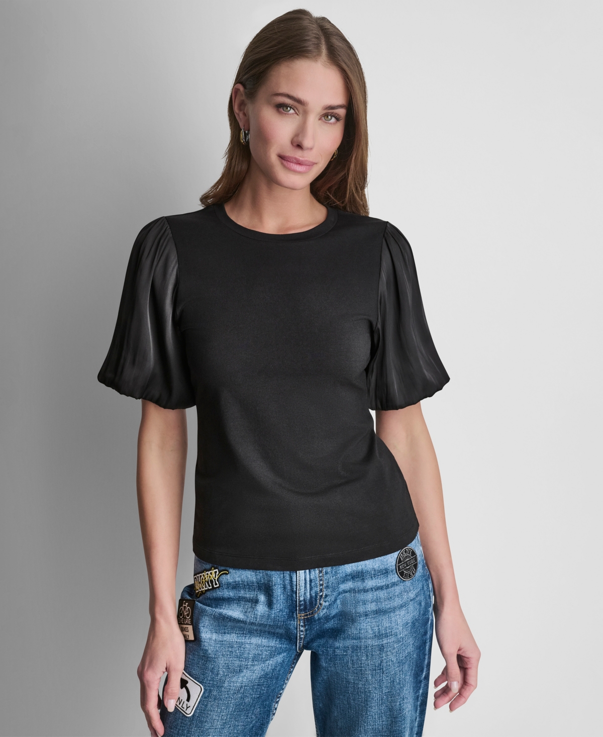 Click here for Dkny Womens Puffed Crewneck Mix Media Knit Top - B... prices