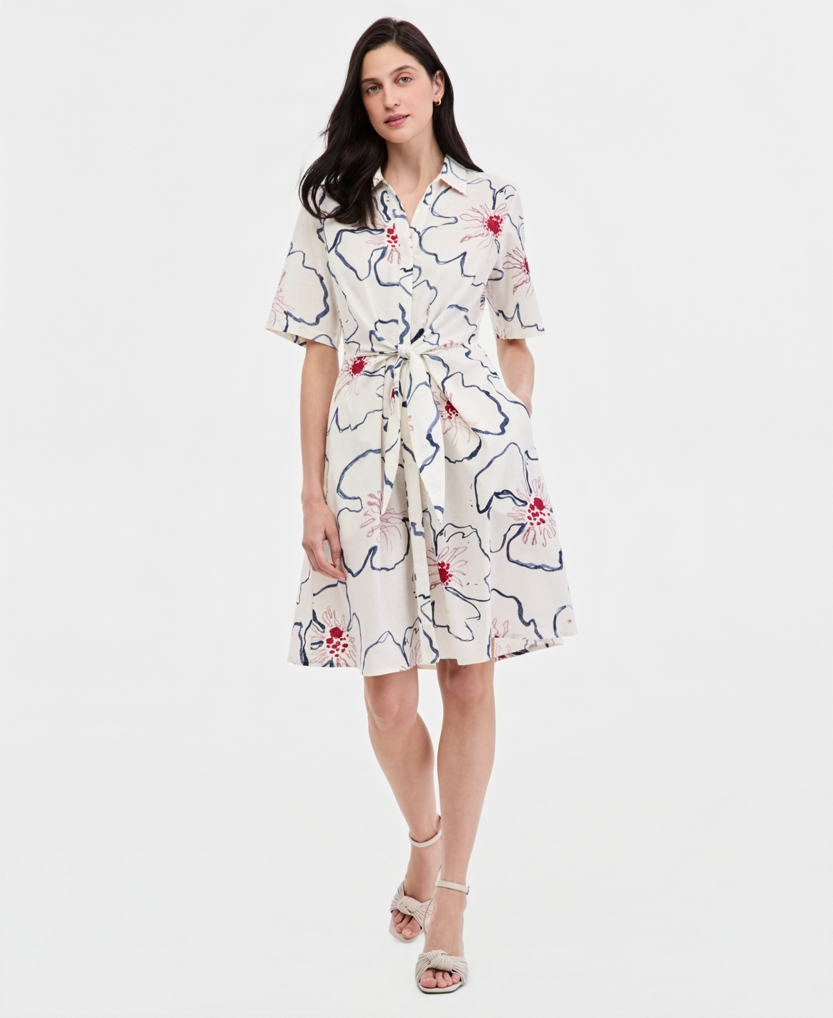 Click here for Tommy Hilfiger Womens Belted Midi Dress - Linear P... prices