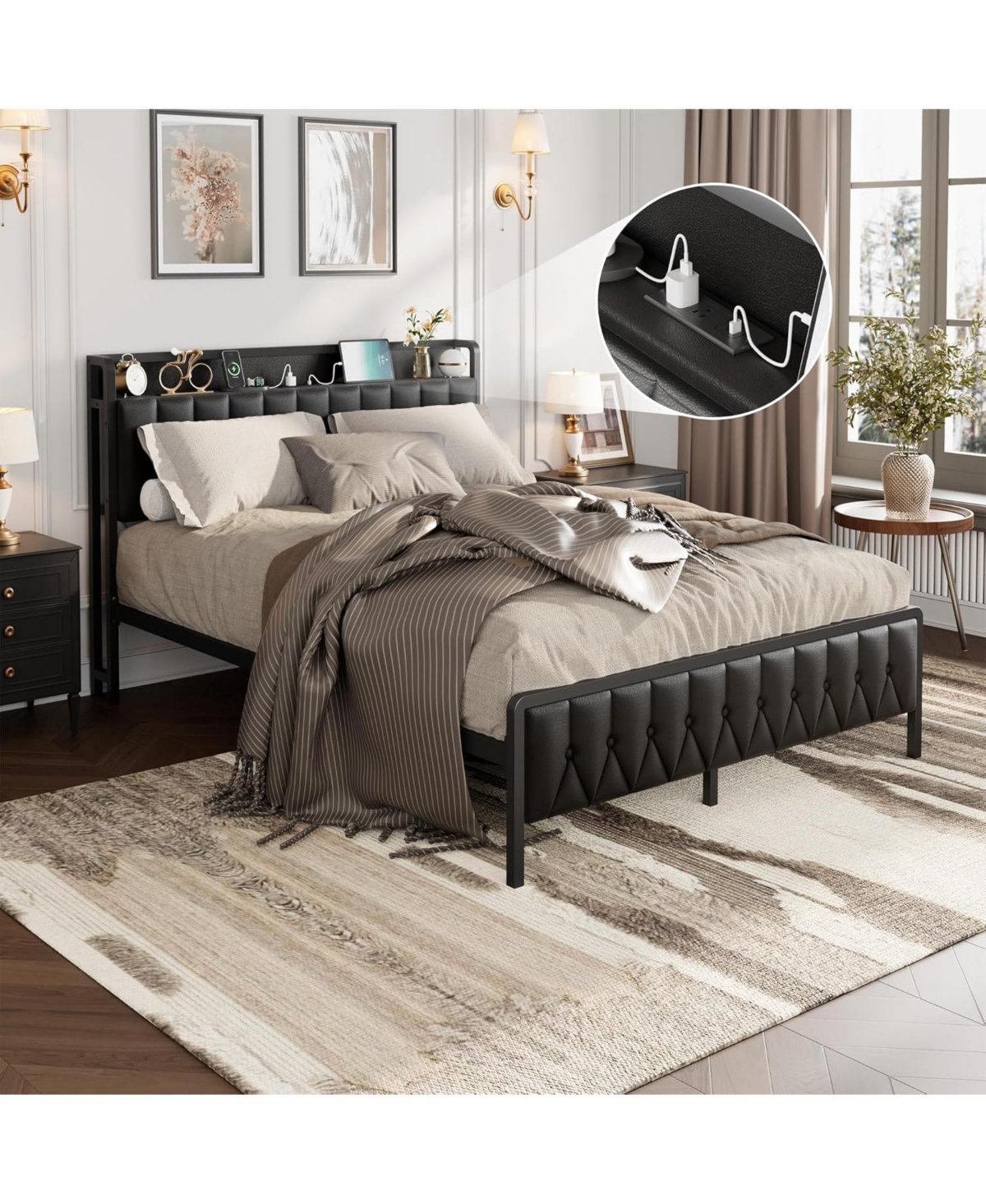 Click here for gaomon Full Bed Frame with Pu Faux Leather & Charg... prices