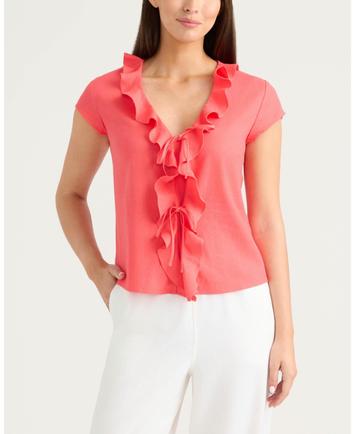 Click here for Ellen Tracy Womens Frilled Tie-Front Top - Coral prices