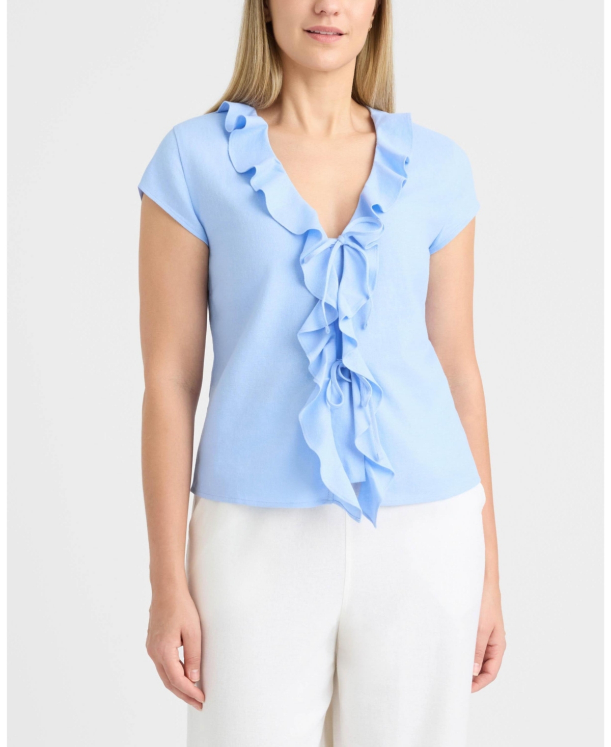 Click here for Ellen Tracy Womens Frilled Tie-Front Top - Hydrang... prices