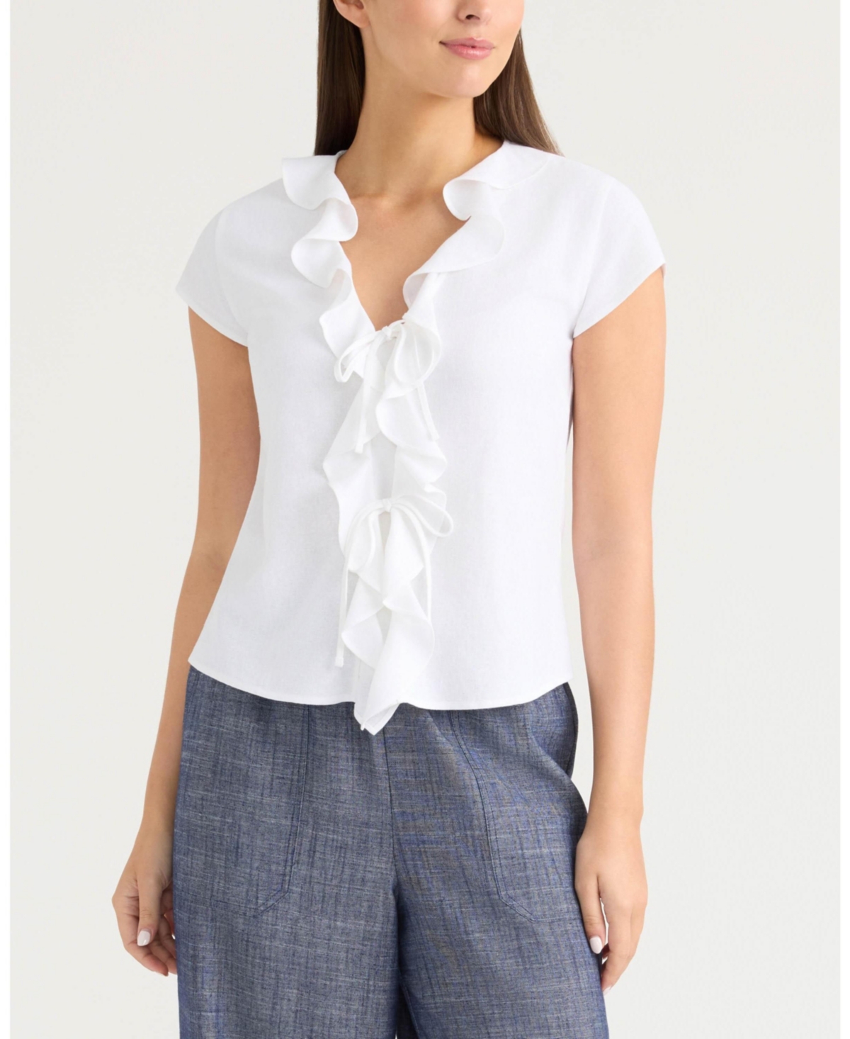 Click here for Ellen Tracy Womens Frilled Tie-Front Top - White prices
