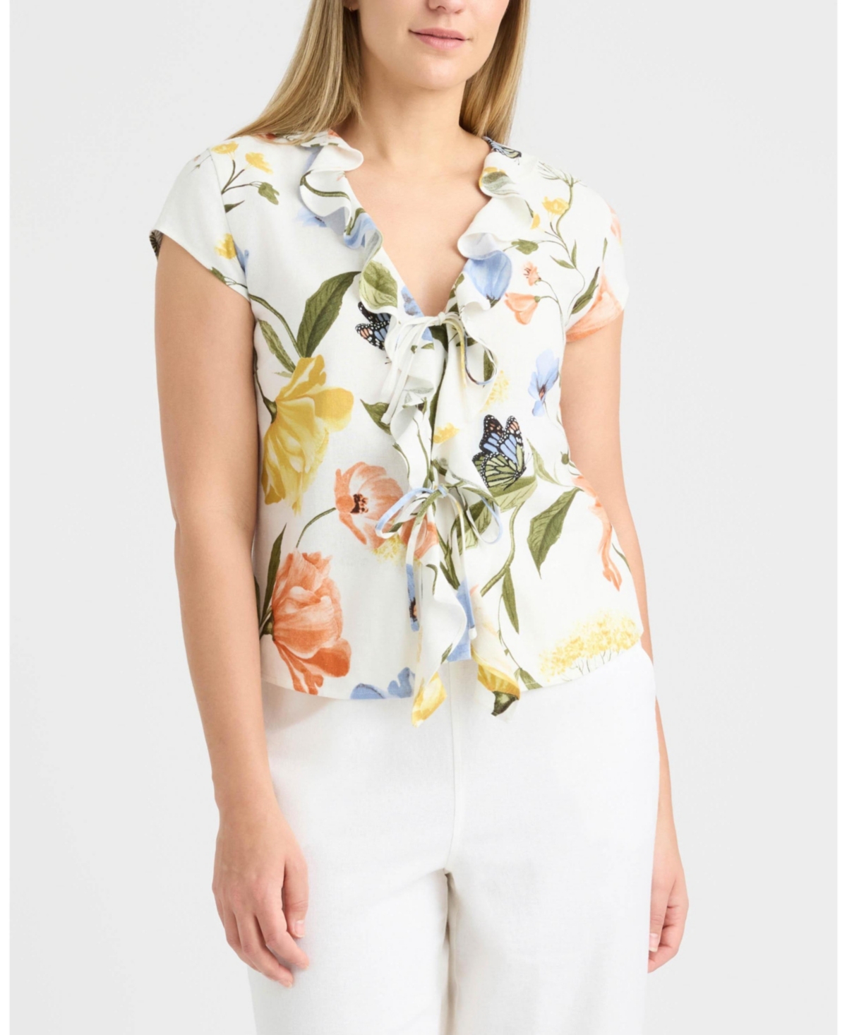 Click here for Ellen Tracy Womens Frilled Tie-Front Top - Whimsic... prices