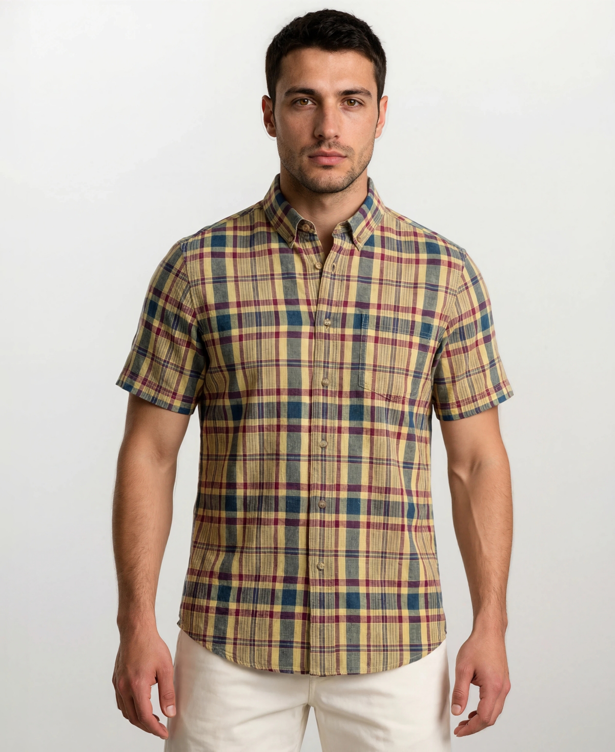 Click here for Vintage 1946 Mens Button-Down Shirt - Navy/Red/Sag... prices