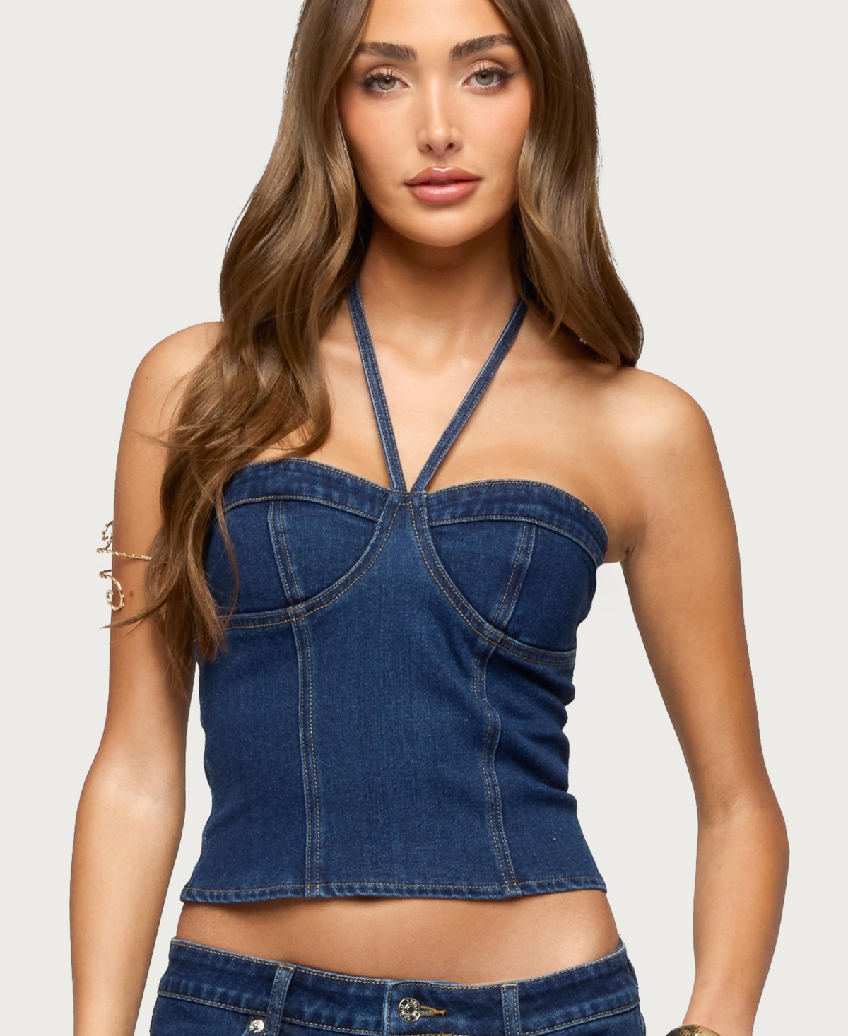 Click here for Edikted Womens Jagger Denim Halter Top - Dark-blue... prices
