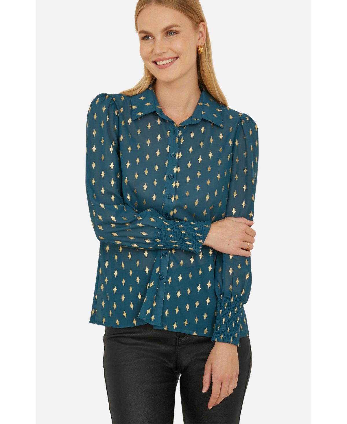 Click here for Yumi Womens Diamond Foil Print Blouse - Teal prices