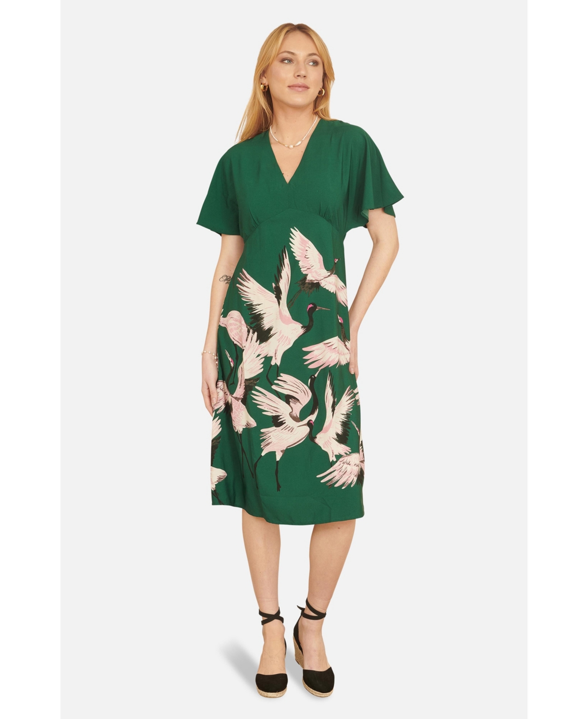 Click here for Yumi Womens Crane Print Kimono Midi Dress - Green prices