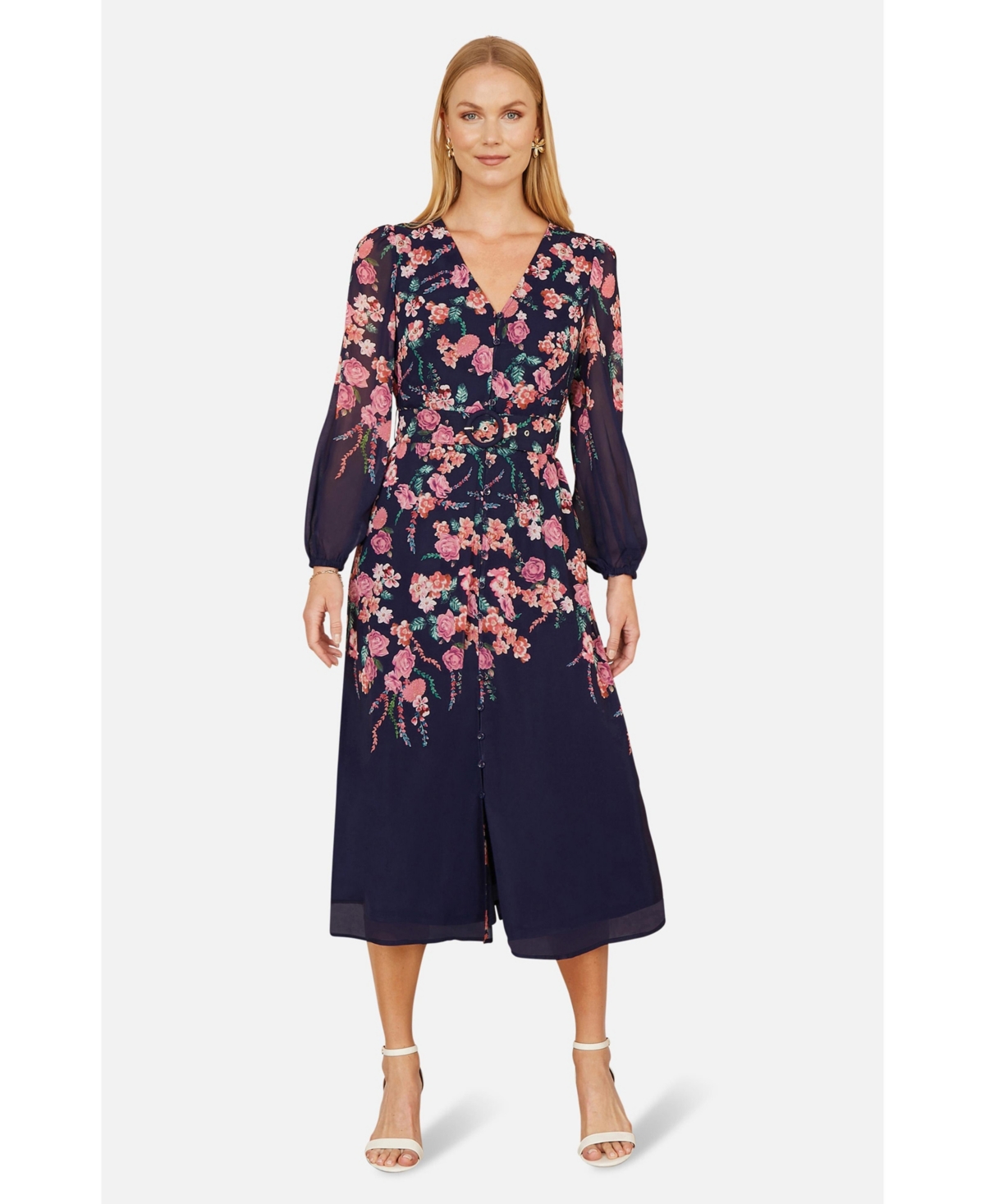 Click here for Yumi Womens Belted Floral Midi Dress - Navy prices