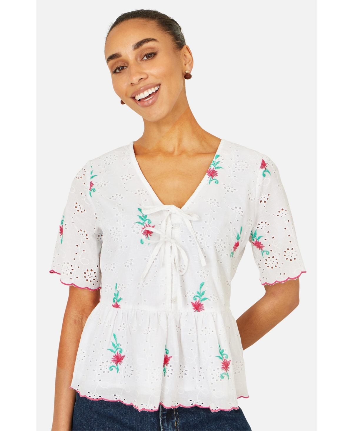 Click here for Yumi Womens Broderie Anglaise Embroidered Tie Top... prices