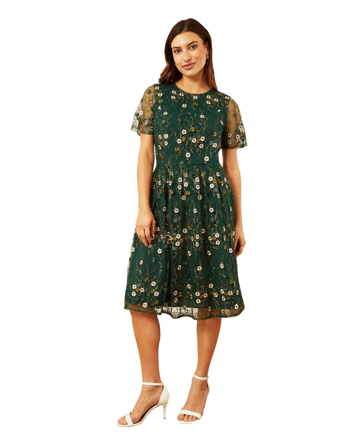 Click here for Yumi Womens Embroidered Floral Skater Dress - Gree... prices