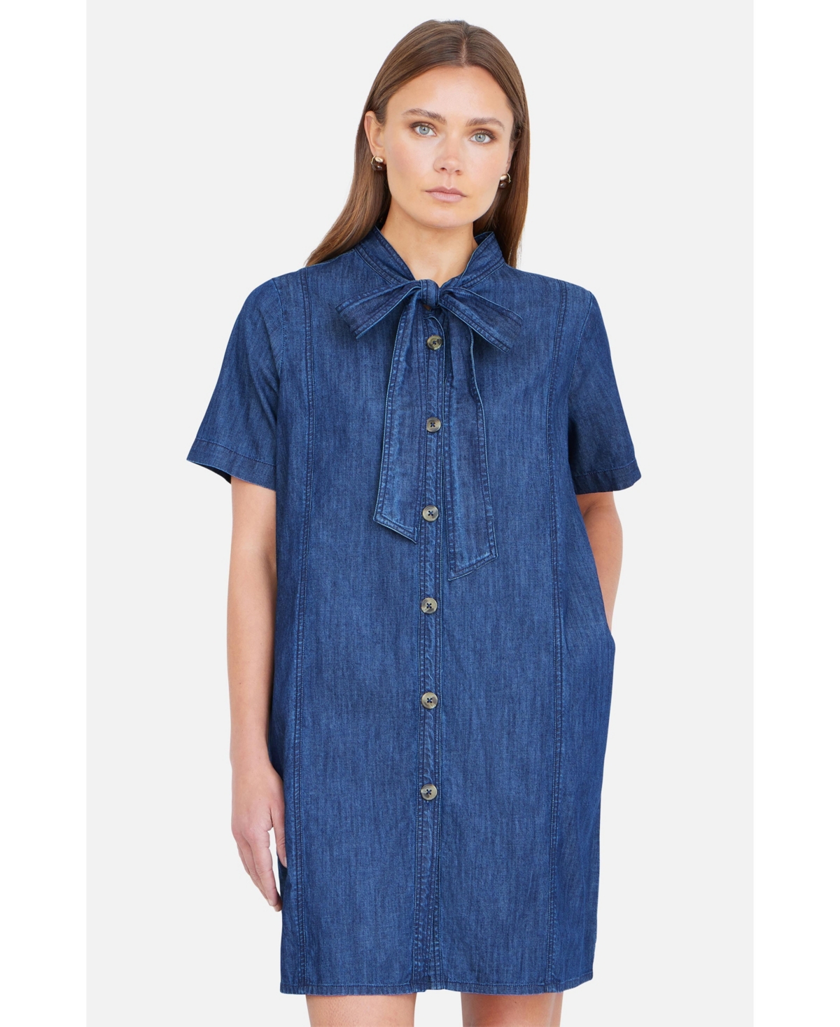 Click here for Yumi Womens Chambray Tunic With Bow Tie - Blue prices