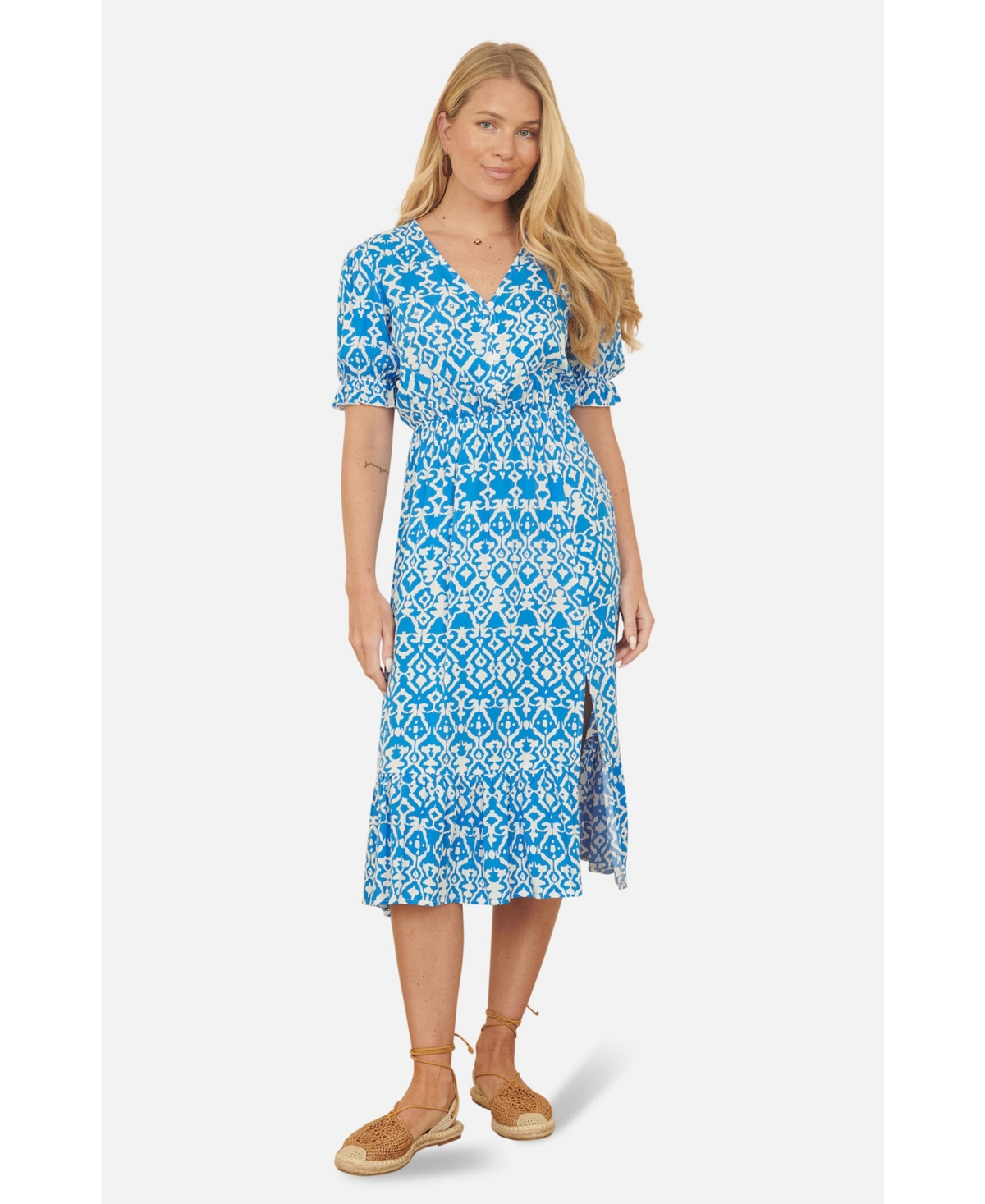 Click here for Yumi Womens Geometric Print Puff Sleeve Midi Dress... prices