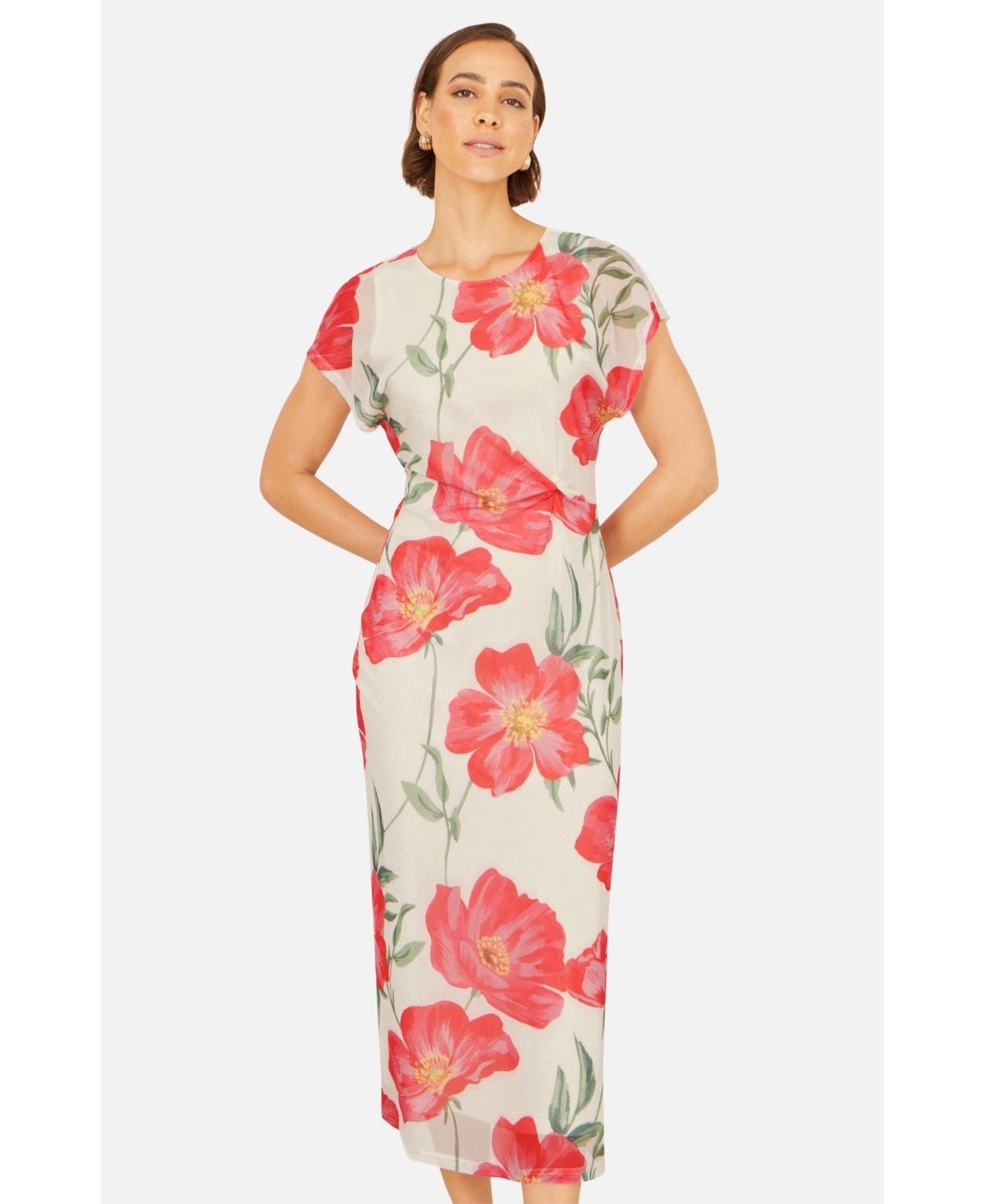 Click here for Yumi Womens Poppy Print Midi Mesh Dress - Ivory prices