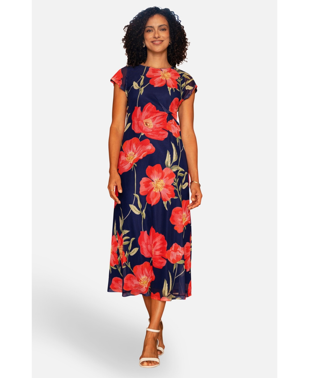 Click here for Yumi Womens Poppy Print Midi Mesh Dress - Navy prices