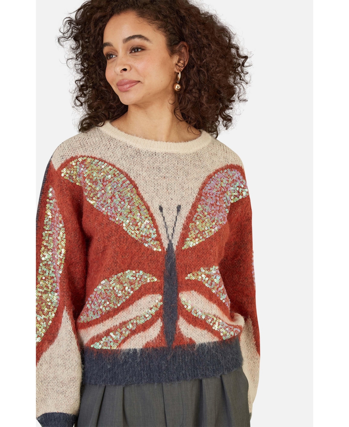 Click here for Yumi Womens Butterfly Sequin Knitted Jumper - Brow... prices