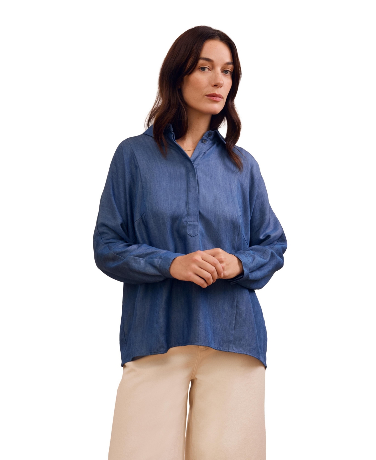 Click here for Celtic & Co. Womens Drapey Pop Over Blouse - Denim... prices